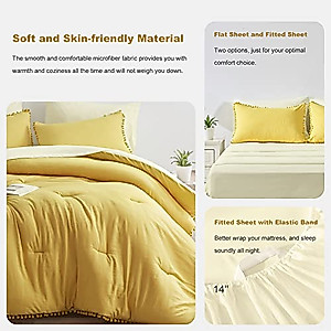 GRT Queen Bed in a Bag 7-Pieces Reversible Comforter Set Queen, Pom Pom Fringe Bedding Comforter Set Yellow Bed Set with Comforter, Pillow Shams, Flat Sheet, Fitted Sheet and Pillowcases
