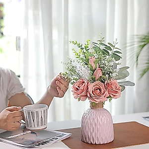Artificial Flowers with Ceramic Vase,Faux Silk Roses and Fake Plant Eucalyptus in Vase for centerpiece table decorations, living room,dining table,fireplace,office,farmhouse,home decor(Dusty Pink)