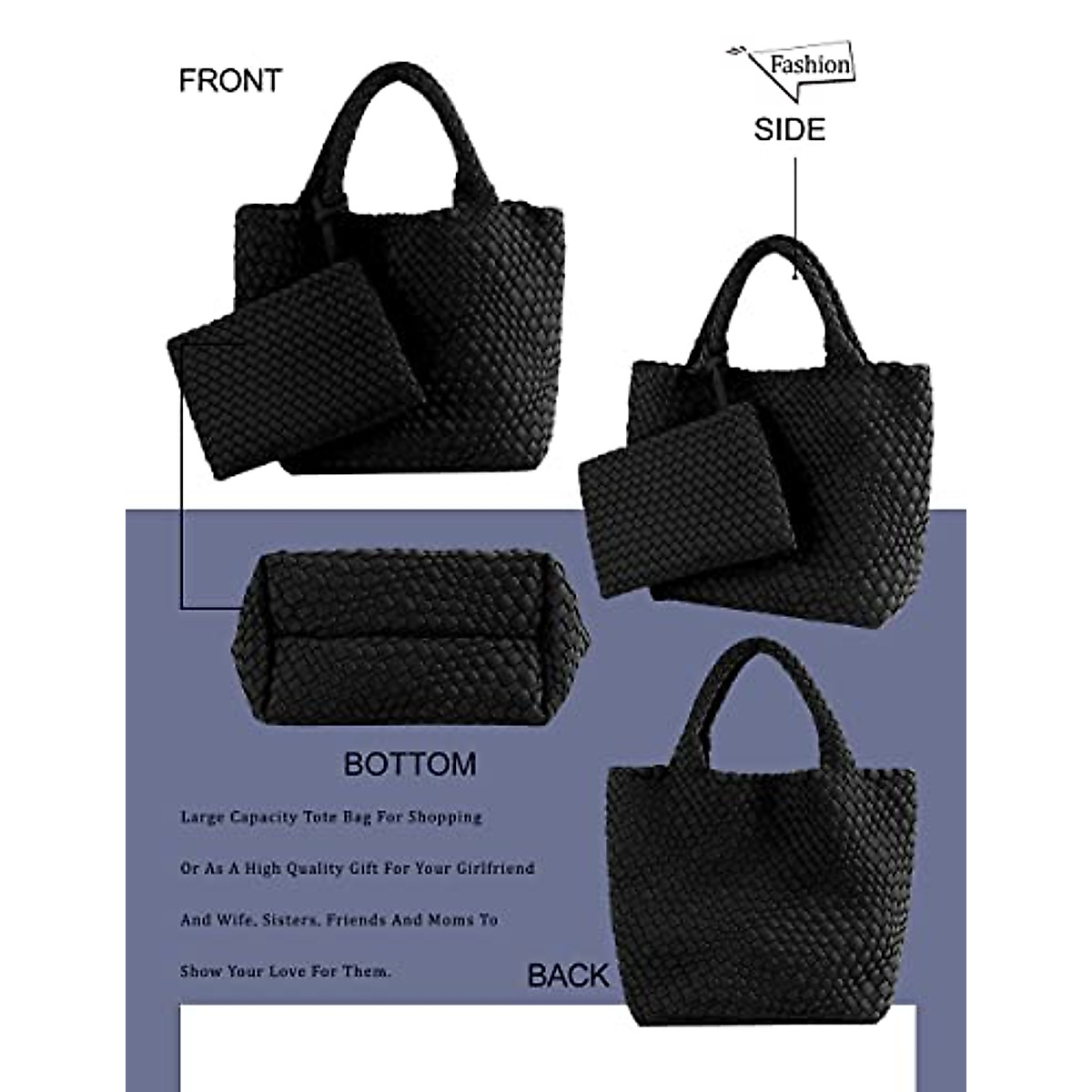 Designer Woven Tote Bag + Purse Women Neoprene Tote Handbag Fashion Large Shoulder Top-Handle Travel Bag Underarm Shopper Bag Black
