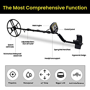 Professional Metal Detector for Adults, Pinpoint Gold Detector with LCD Display, 11"x14" Waterproof Search Coil, 15'' Detection Depth, 5 Search Modes, IP68 Waterproof for Treasure Hunting