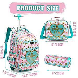 Oruiji Rolling Backpack for Girls Backpack with Wheels for Elementary Primary School Student Rolling Backpack with Lunch Bag Set