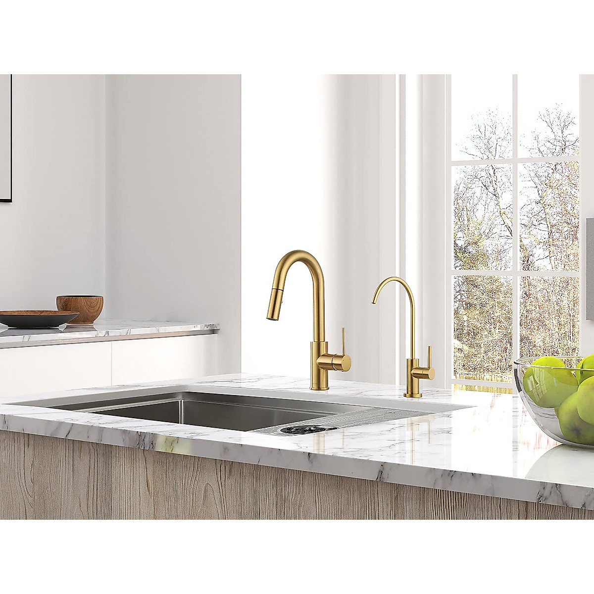 AguaStella AS59BG Brushed Gold Pull Down Bar Faucet and AS09BG Brushed Gold Stainless Steel Water Filter Faucet for Most Reverse Osmosis Units or Water Filtration System in Non-Air Gap Combination