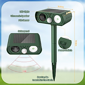 Solar Ultrasonic Animal Repellent Outdoor, Deer Repellent Devices Motion Detection, Waterproof Cat Squirrel Mouse Raccoon Dog Bird Repellent Deterrent with LED Flash Light for Yard Farm Garden