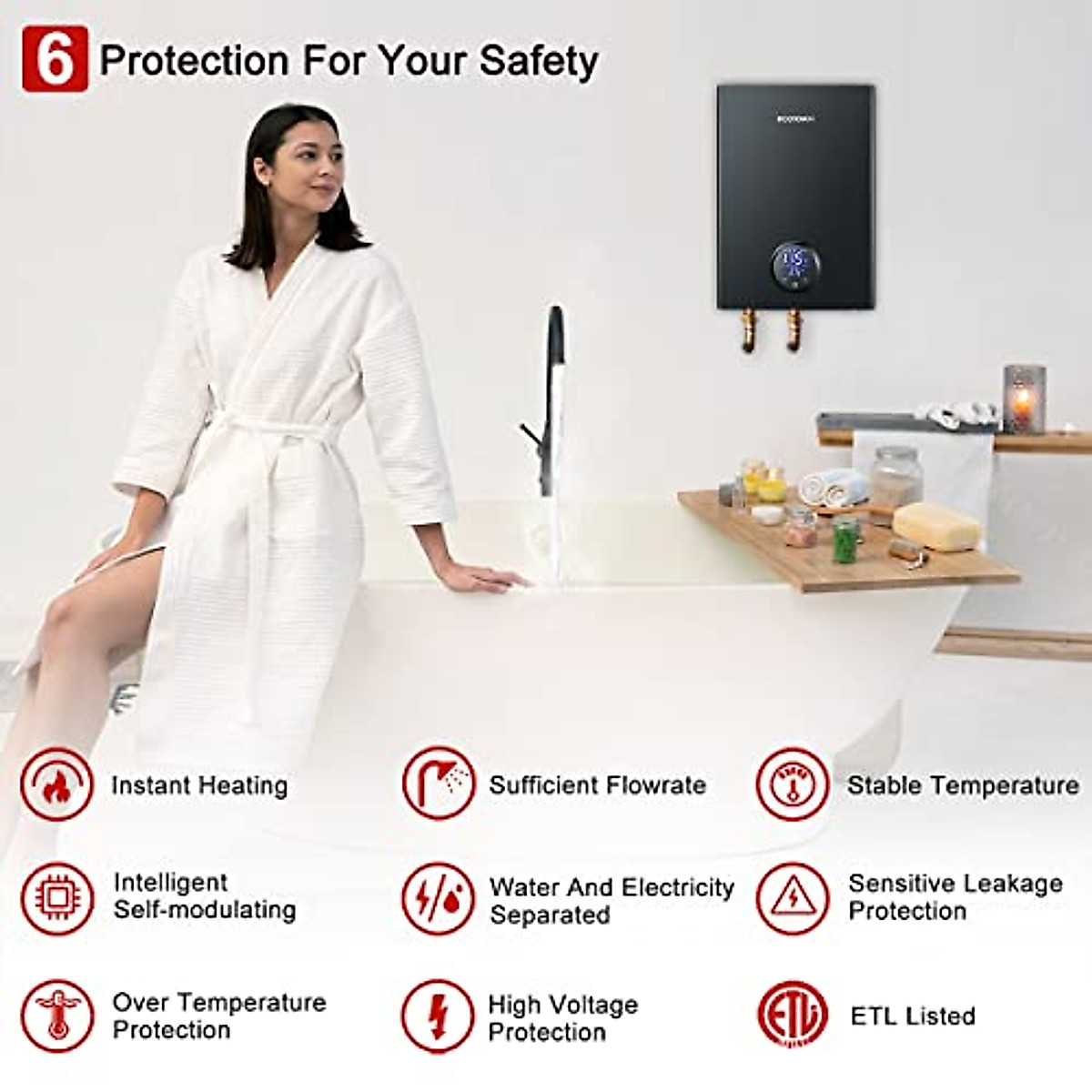 Electric Tankless ECOTOUCH 18kW on Demand Instant Hot Water Heater 240V, Self-Modulation Point of Use Hot Water Heater Whole House ECO180B Black