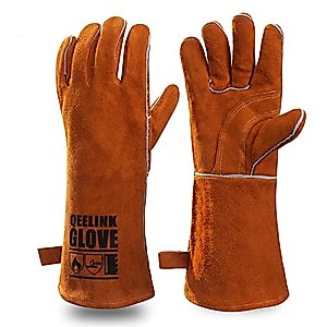 QeeLink Welding Gloves - Heat & Wear Resistant Lined Leather and Fireproof Stitching - For Welders/Fireplace/BBQ/Gardening, 16-Inch
