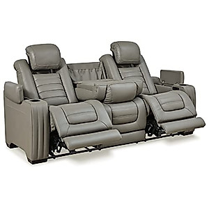 Signature Design by Ashley Backtrack Contemporary Tufted Leather Power Reclining Sofa with Adjustable Headrest, Light Gray