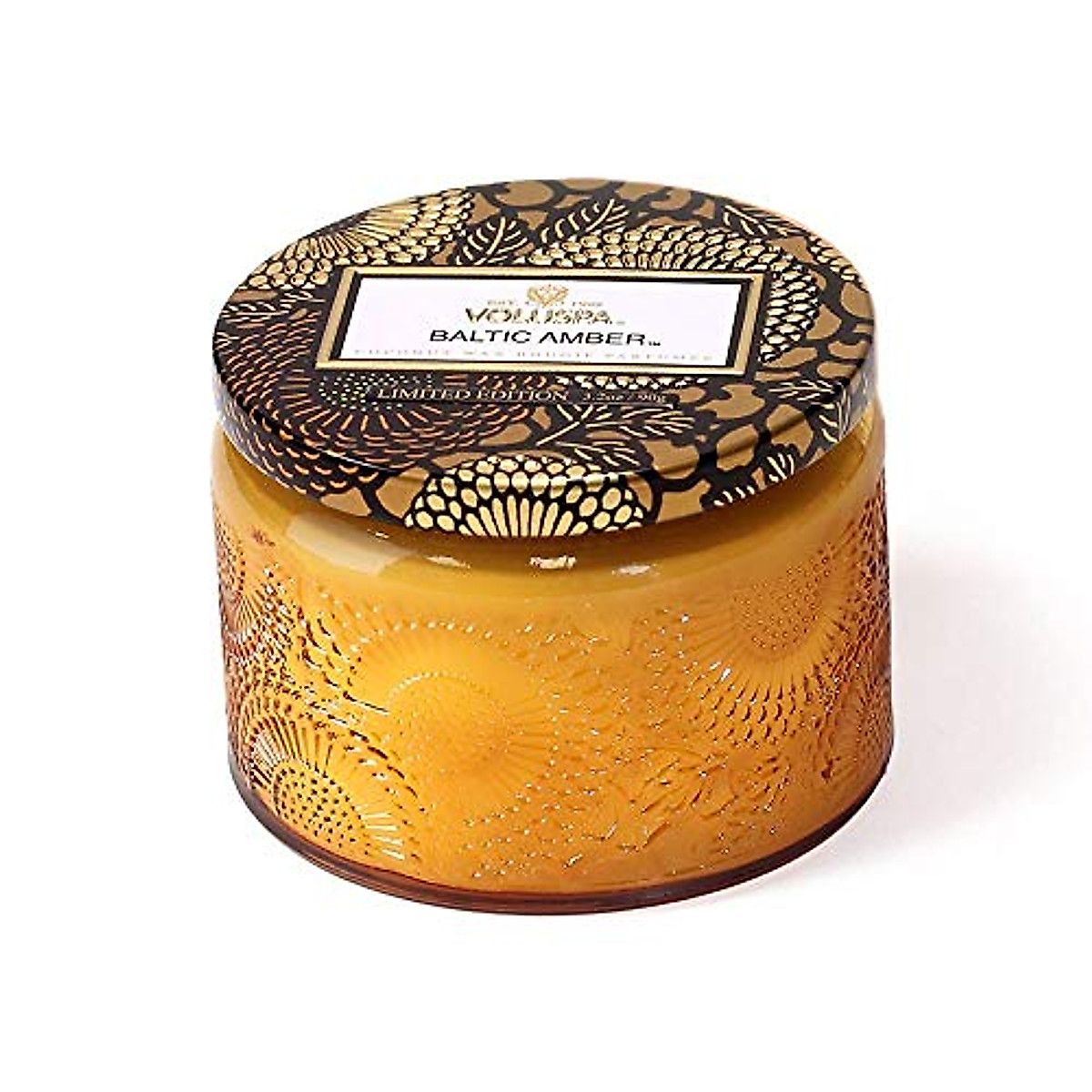 Voluspa Baltic Amber Candle | Petite Embossed Glass Jar | 3.2 Oz. | 25 Hr Burn Time | Vegan | Coconut Wax and Natural Wicks for Clean Burning