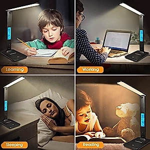 LAOPAO Desk Lamp, LED Desk Lamp with Wireless Charger, USB Charging Port, Adjustable Foldable ​Table Lamp with Clock, Alarm, Date, Temperature, 5-Level Dimmable ​Lighting​, Office Lamp with Adapter