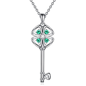 St. Patrick's Day Four Leaf Clover Necklaces Sterling Silver Wiccan Key Jewelry Irish Good Luck Gift for Women(Four Leaf Clover)