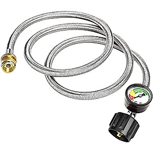 MOFLAME 1 lb to 20 lb Propane Adapter Hose With Gauge，6 FT Stainless Braided Propane Hose Adapter Converter for Coleman Camp Stove, Buddy Heater, Tabletop Grill & More 1lb Portable Appliance