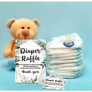 Diaper Raffle Baby Shower Game Set(1 Standing Sign + 50 Guessing Cards), Greenery Diaper Raffle Tickets for Baby Shower, Gold Foil Baby Shower Party Favor Decor - A14