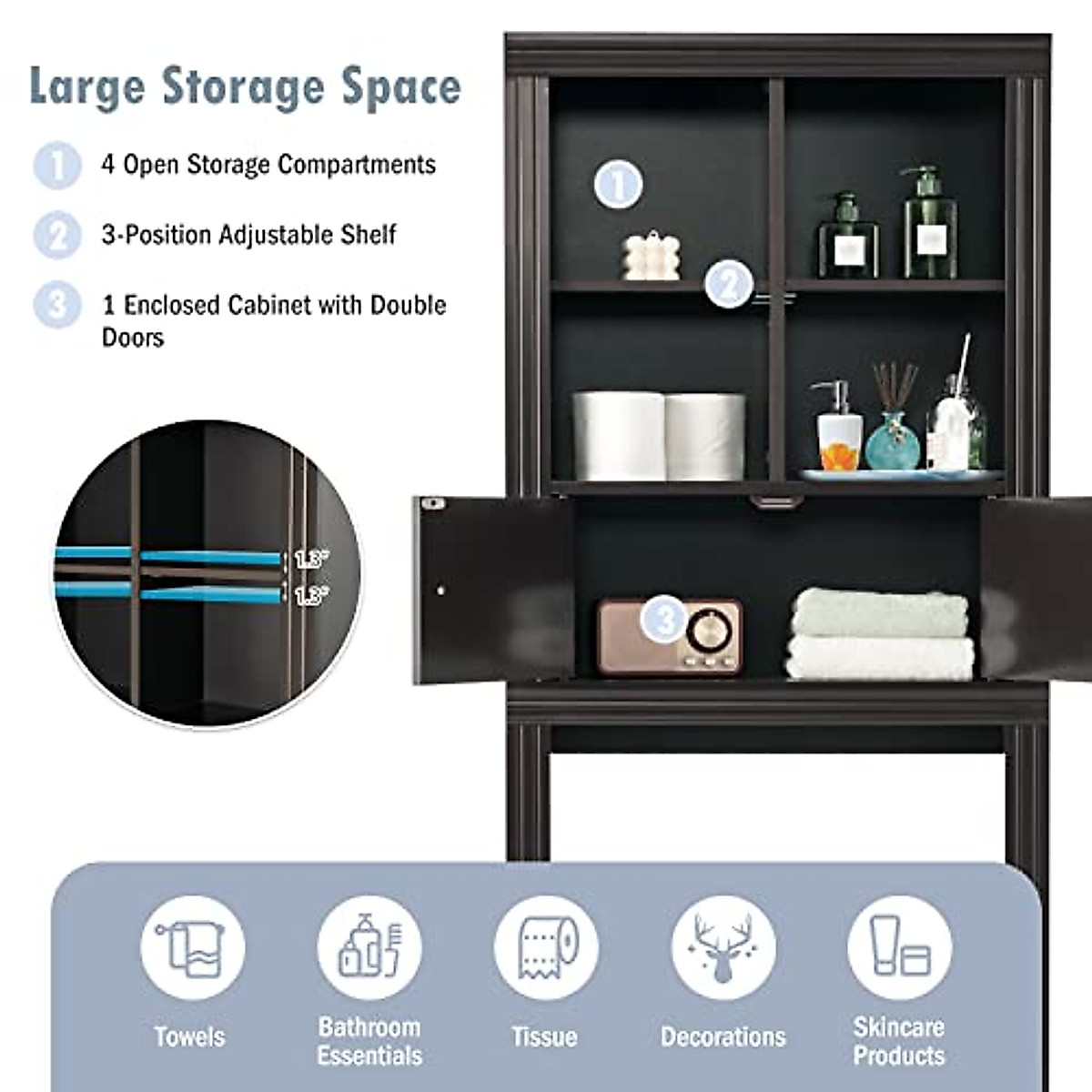LOKO Over The Toilet Storage Cabinet, 2-Door Tall Bathroom Organizer w/ 4 Open Compartments & Adjustable Shelves, Modern Simple Toilet Space Saver, Ideal for Bathroom Laundry Balcony (Espresso)