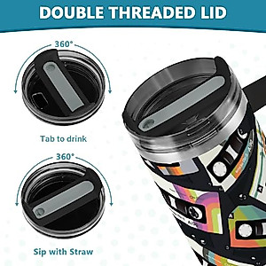 Exnundod Retro Vintage Cassette Tapes Tumbler with Handle 40oz and Straw Insulated Tumblers Leak-proof Water Bottle for Car Travel