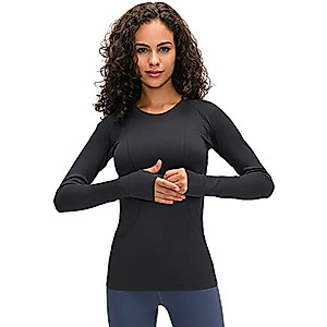 LUYAA Women's Workout Tops Long Sleeve Shirts Yoga Sports Running Seamless Breathable Gym Athletic Top Slim Fit Black
