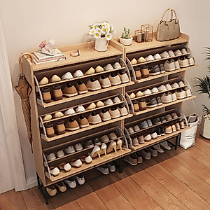 AVZEAR Narrow Shoe Storage Cabinet with 3 Flip Drawers, Freestanding Shoe Organizer Wooden Closed Shoe Rack, Slim Shoe Cabinet Storage for Entryway, Hallway, Living Room (Natural)