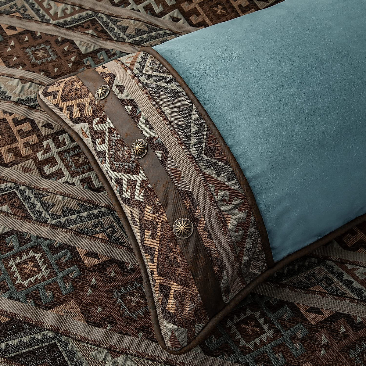 Paseo Road by HiEnd Accents Rio Grande 7 Piece Duvet Cover Set, Super King, Brown Faux Leather, Southwestern Luxury Bedding Set, 1 Duvet, 1 Bed Skirt, 2 Pillow Shams, 2 Euro Shams, 1 Neckroll Pillow