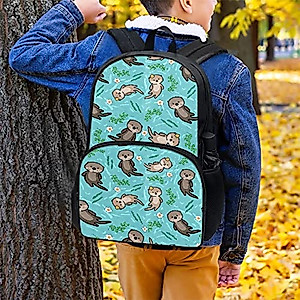 Showudesigns Sea Otter Bookbag for Kids Backpack Purse for Girls School Bag 10-12 Years Old, Book Bag for Student Primary School Shoulder Bag Cute Animal Flower Aqua