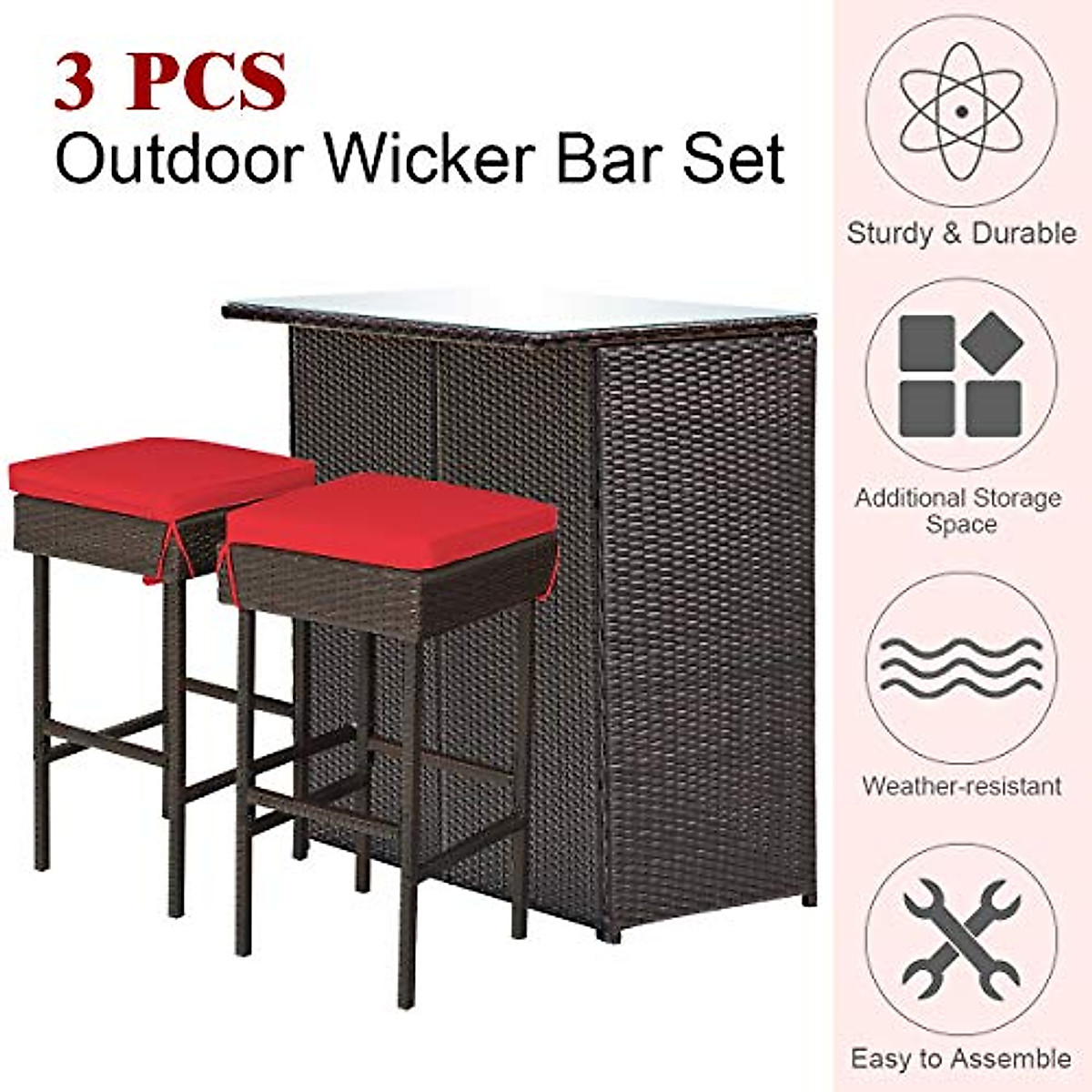 Tangkula Patio Bar Set, 3 Piece Outdoor Rattan Wicker Bar Set with 2 Cushions Stools & Glass Top Table, Outdoor Furniture Set for Patios Backyards Porches Gardens Poolside (Red)