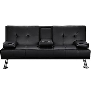 Topeakmart Living Room Futon Sofa Bed Faux Leather Sofa Couch Modern Convertible Folding Recliner with Cup Holders Living Room Furniture Sofa Black