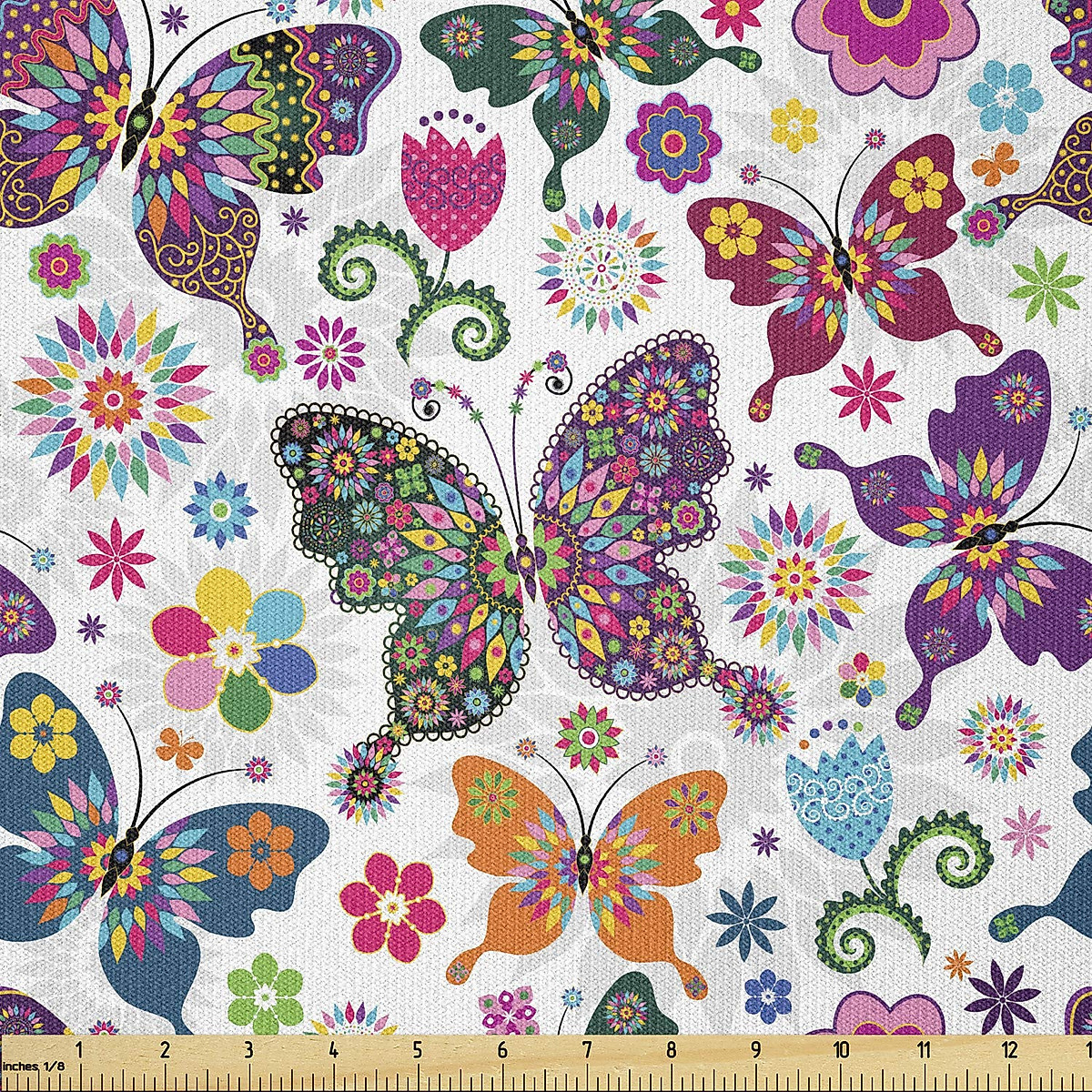 Ambesonne Butterfly Fabric by The Yard, Sixties Seventies Inspired Complex Image with Floral Elements Butterflies, Stretch Knit Fabric for Clothing Sewing Arts Crafts, 1 Yard, Purple Orange