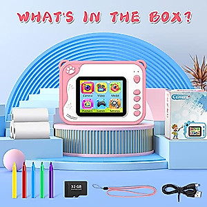 USHINING Instant Print Camera for Kids, 12MP Digital Camera for Kids Aged 3-12 Ink Free Printing 1080P Video Camera for Kids with 32GB SD Card,Color Pens,Print Papers (Pink)