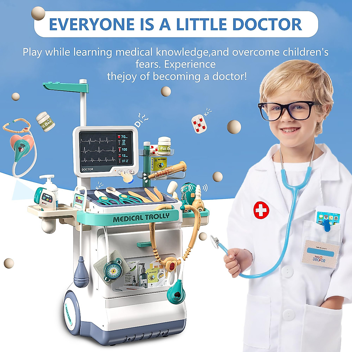 YGLOLRAME Doctor Kit for Kids 3-5 Years Old - 26 Piece Pretend Play Toys Toddler Mobile Medical Cart with Sound and Light Functions Veterinarian/Dentist Kit Perfect for Toddlers 3-5 Birthday Gift