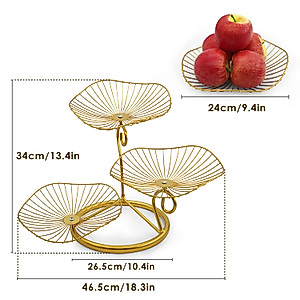 BUDO Metal Fruit Basket, 3-Tier Decorative Fruit Bowl, Wire Vegetables Snacks Metal Bowl Storage Trays Table Countertop, Modern Veggie Holder Stand for Home Kitchen Centerpiece, Gold