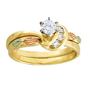 Diamond Bridal Set Engagement and Wedding Ring, 10k Yellow Gold, 12k Green and Rose Gold Black Hills Gold Motif, Size 5