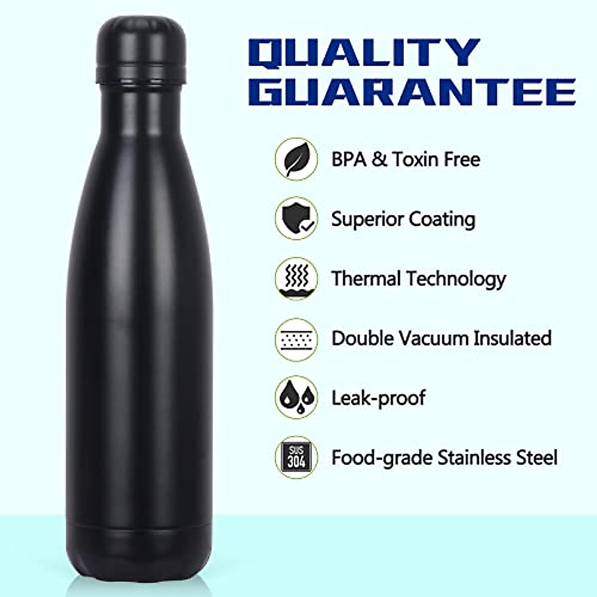 FYY Insulated Water Bottle, 17oz/500ml Vacuum Stainless Steel Water Bottles, Sports Water Bottles Keep Cold for 24 Hours and Hot for 12 Hours, BPA Free Leak Proof Reusable Water Bottle Black