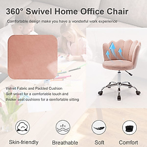 Yoluckea Modern Velvet Swivel Office Chair, Pink, Adjustable Height, Ergonomic Design