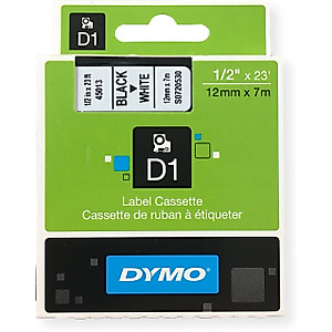 Dymo D1 Standard Tape Cartridge, 1/2in x 23ft, Black on White Tape Cartridge, Pack of 6