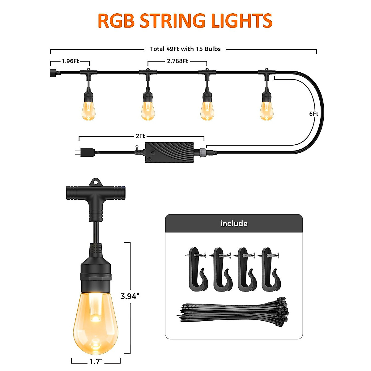 XMCOSY+ Outdoor String Lights, Smart 49Ft Patio Lights RGB, App & WiFi Control Color Changing LED String Lights with Dimmable 15 LED Bulbs, Works with Alexa, IP65 Waterproof, Shatterproof