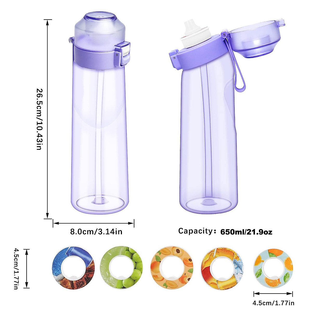 CAFELE Water Bottle with Flavor Pods,Fruit Fragrance Water Bottle,Scent Water Cup,Sports Water Cup Suitable for Outdoor Sports(Purple+7Pods)