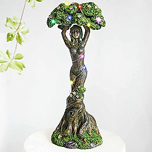 FORUP 14 Inch Tree Goddess Garden Statue, Resin Dryad Garden Figurine with 18 LEDs, Solar Powered Lighted Garden Sculpture for Outdoor Patio Lawn Yard Garden Decorations
