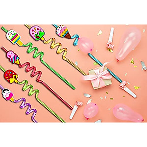 24 Reusable Crazy Shapes Ice Cream Straws, Drink Cocktail Straws for Birthday Party Supplies Party Favors with 2 Cleaning Brushes 8 Color Straws