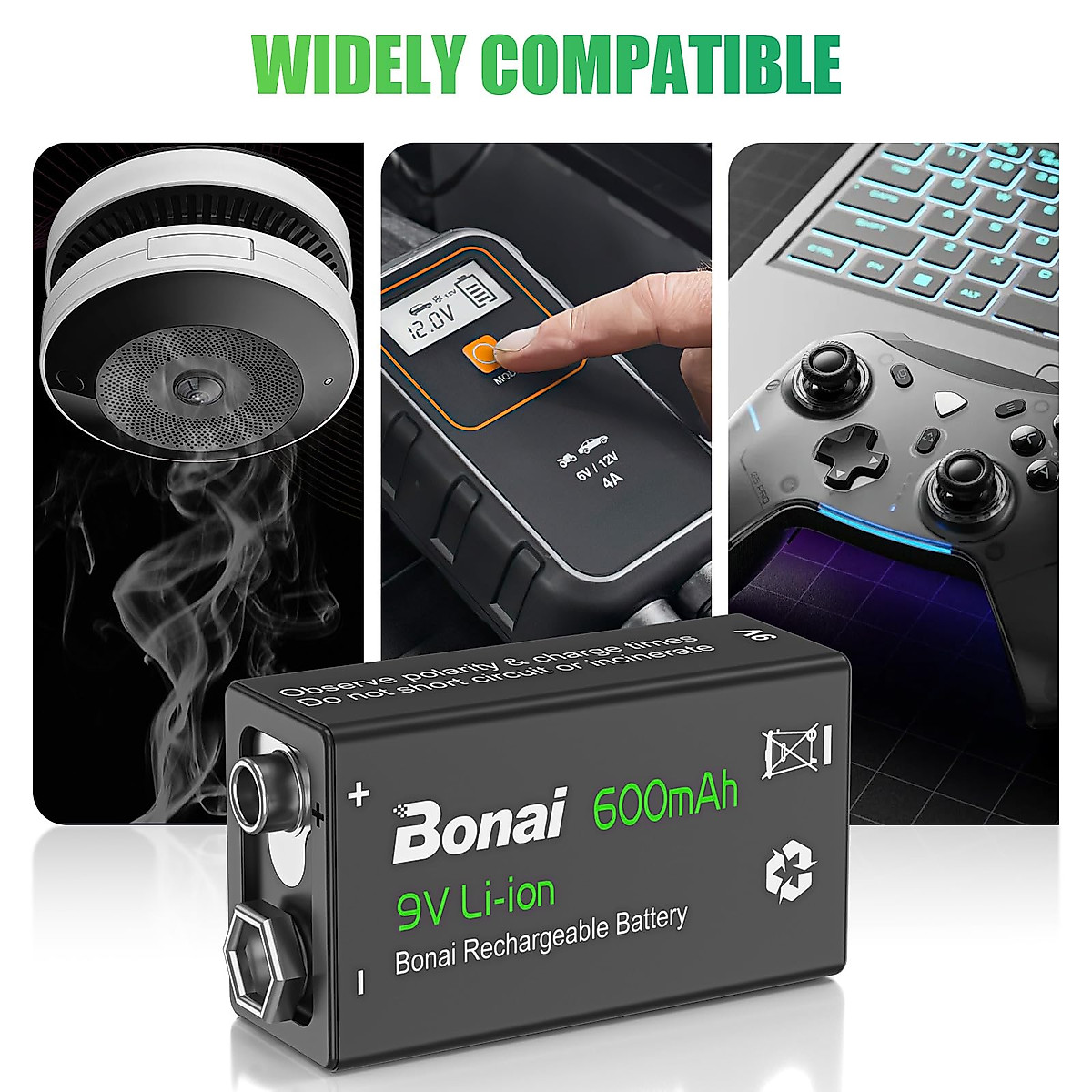 BONAI Rechargeable 9V Batteries 600mAh High Capacity 9V Rechargeable Batteries,(4 Pack) 9 Volt Lithium Batteries for Smoke Alarms Metal Detector etc - Long-Lasting & Economical