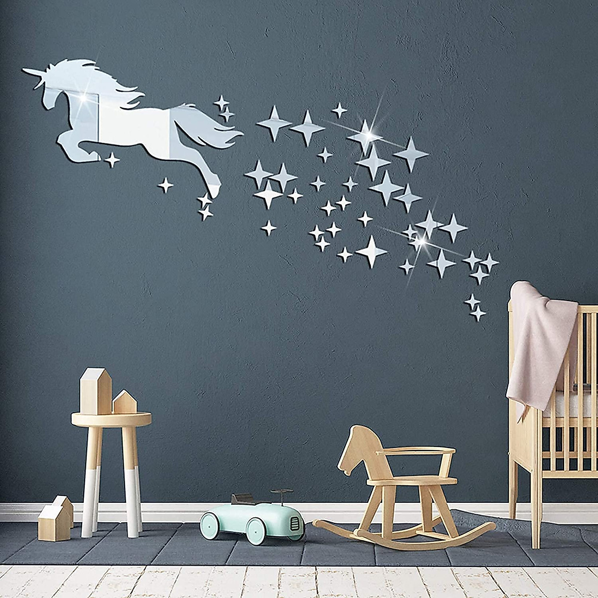 Unicorn Mirror Wall Stickers, Removable Acrylic Mirror Wall Sticker Decals, DIY Self Adhesive Stars Art Wall Decal Murals Home Wall Decoration Stickers for Living Room Kids Bedroom Office Baby Nursery