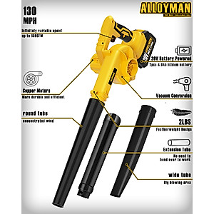Alloyman Leaf Blower, 20V Cordless Leaf Blower, with 4.0Ah Battery & Charger, 2-in-1 Electric Leaf Blower & Vacuum for Yard Cleaning/Snow Blowing.