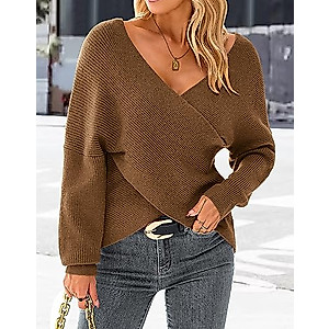 KIRUNDO 2023 Fall Winter Women's Long Sleeve Cross Wrap V Neck Knit Sweater Off Shoulder Backless Casual Pullover Tops(Camel, Small)
