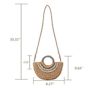 QTKJ Mini Semi-circle Rattan Straw Handbags, Hand-woven Women Summer Retro Straw Tote Bag Shoulder Bag with Shells Decoration Crossbody Bag Round Handle Beach Handbags