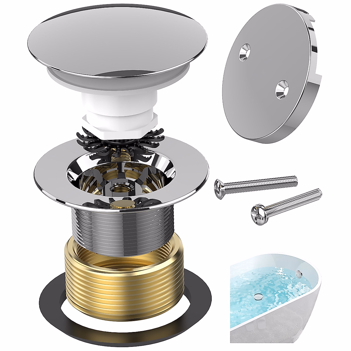 Sogmeter Chrome Plated Tub Drain Kit with Hair Catcher, Premium Brass Mushroom Tip-Toe Bathroom Tub Drain Replacement and 2-Hole Overflow Faceplate, 11.5/16 UNC Bathtub Drain Stopper Assembly