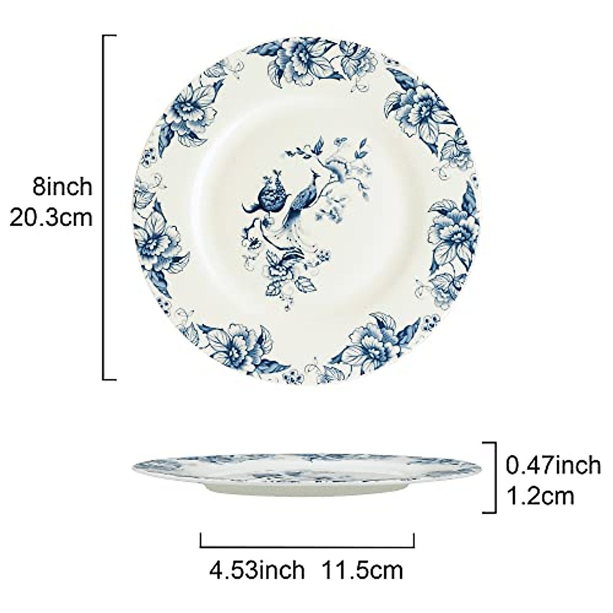 fanquare 8" Bone China Dessert Plates Set of 4, European Blue Floral Pasta Bowls Set, Porcelain Salad Plates for Soup, Microwavable Plates