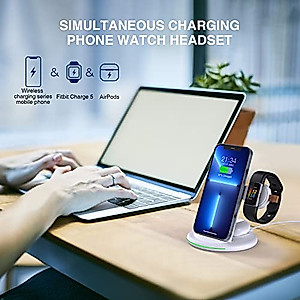 KOJACMUR 3 in 1 Wireless Charger for Fitbit Charge 5/Fitbit Luxe,Wireless Charging Station Compatible for iPhone 14/12 Pro Max/13/11/8, for Samsung Galaxy S22+ S22, for AirPods Pro/3 (White A)