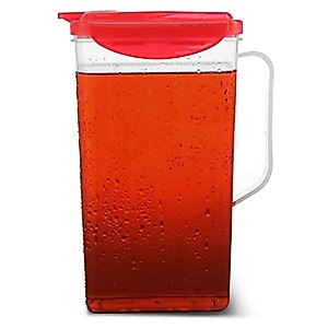 Pitcher 50 Oz. | Plastic Pitcher with Lid | Jug for Fridge | Juice Container with Lid | Iced Tea Pitcher | Airtight Pitcher with Spout Perfect for Lemonade, Water. BPA Free, Red (Small))