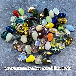 Honkoolly 60pcs Teardrop Crystal Glass Beads 8x12mm Vertical Hole Faceted Glass Teardrop Spacer Beads for Bracelets Necklace Earring DIY Jewelry Making Craft(Mix Colors Series)