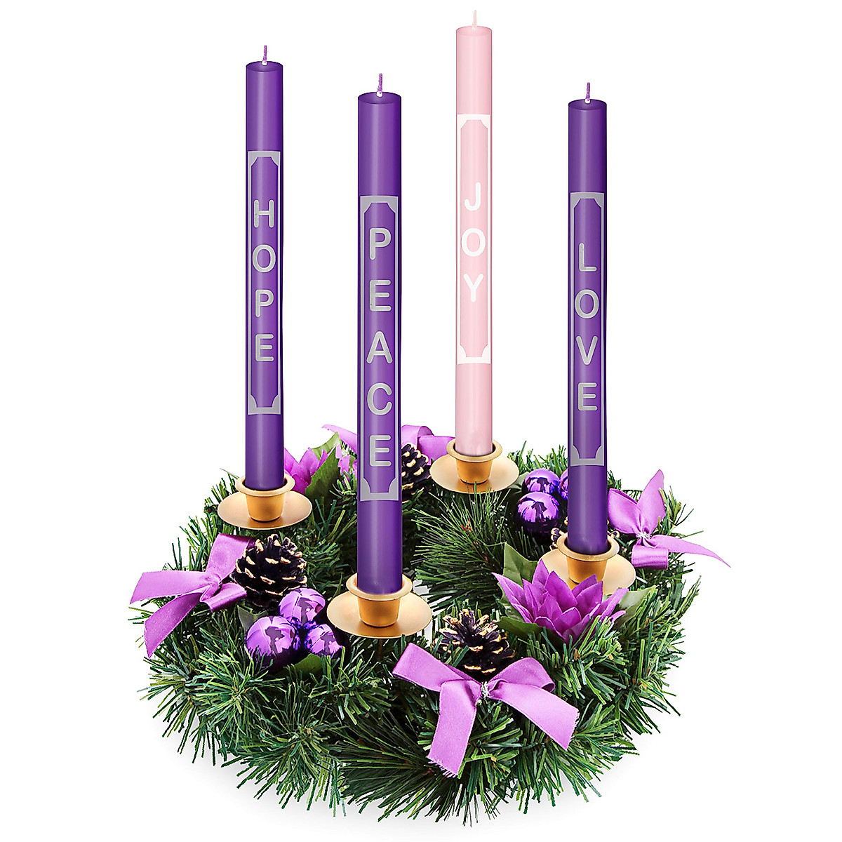 Advent Candles with Words Love, Peace, Hope, Joy On The Candles - Christmas Advent Candle Set of 4 for Advent Rings and Advent Wreaths- Premium Hand Made - Self Fitting End - for Church Advent Wreath