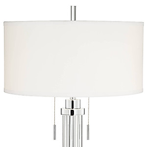 Possini Euro Design Cadence Modern Art Deco Style Column Table Lamp 30" Tall Chrome Silver Linear Clear Glass Rod White Drum Shade Decor for Living Room Bedroom House Bedside Nightstand Home Office