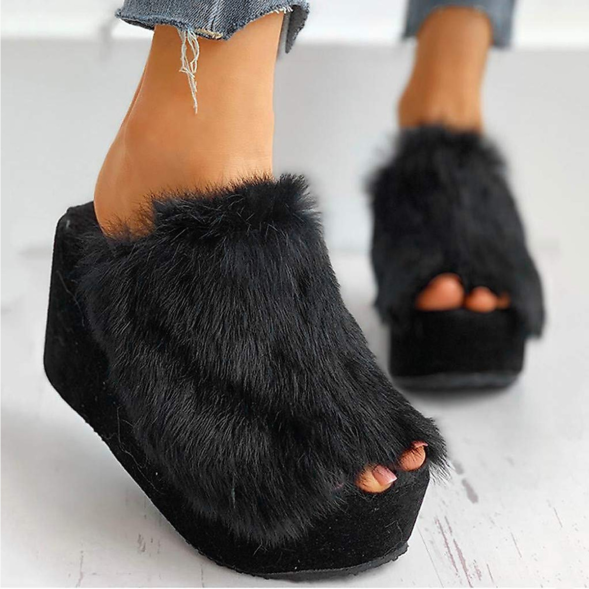 Padaleks Women's Wedge Platform Slide on Sandals Peep Toe Faux Fur Suede Winter Slippers Indoor & Outdoor Shoes