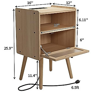 SOOWERY Mid Century Modern Nightstand with Charging Station, Bedside Tables with Glass Door, End Table Side Table with 2 Tiers Storage Space, for Bedroom, Living Room, Natural