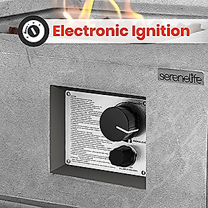SereneLife Concrete Outdoor Propane Fire Pit Table - CSA/ETL Certified Safe 40,000 Pulse Ignition Weatherproof Square Propane Gas Fire Table - Adjustable Flame, Thermocouple - SLFPLG9